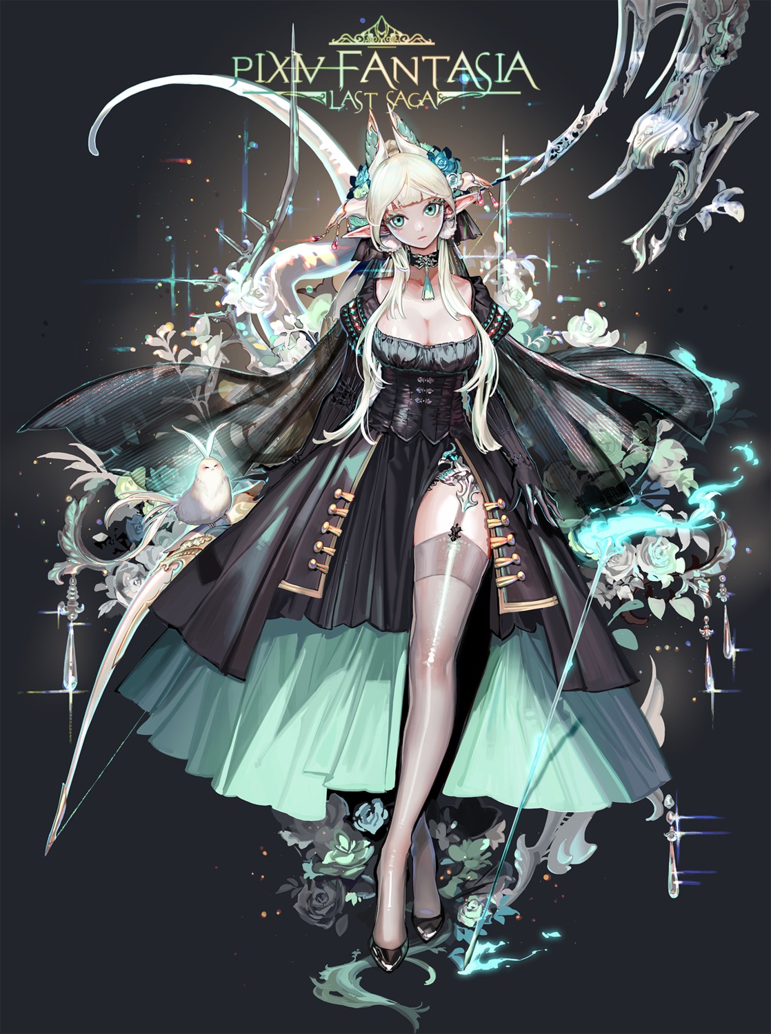 kabi (kb) pixiv fantasia pixiv fantasia last saga cleavage dress horns pointy ears stockings ...